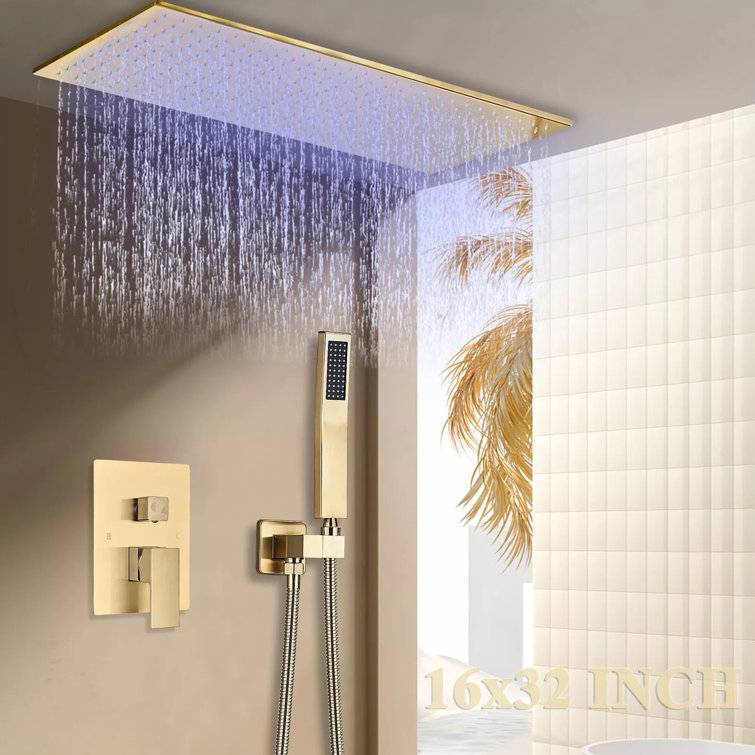 Senlesen Brushed Gold Shower Faucet Set 16x32 in LED Rain Shower Head Combo Ceiling Mount | Wayfair